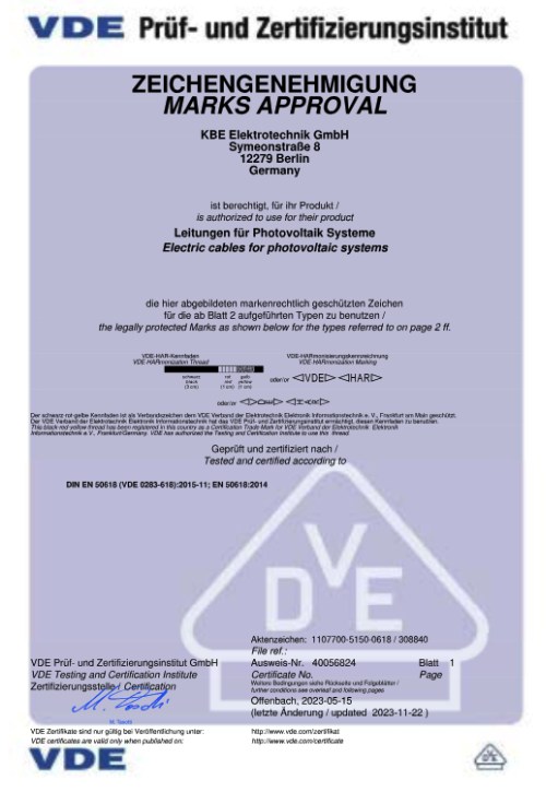 KBE Solar DB H1Z2Z2-K VDE TÜV 62930 IEC 131