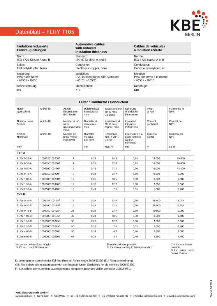 FLRY thin-walled PVC vehicle cables | KBE electrical engineering