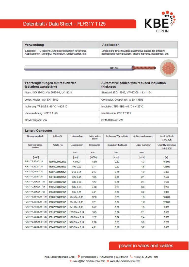 KBE automotive cable FLR31Y T125