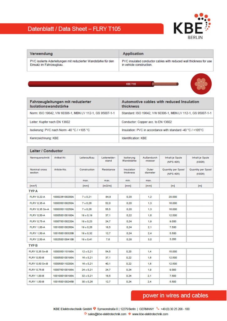 FLRY thin-walled PVC vehicle cables | KBE electrical engineering