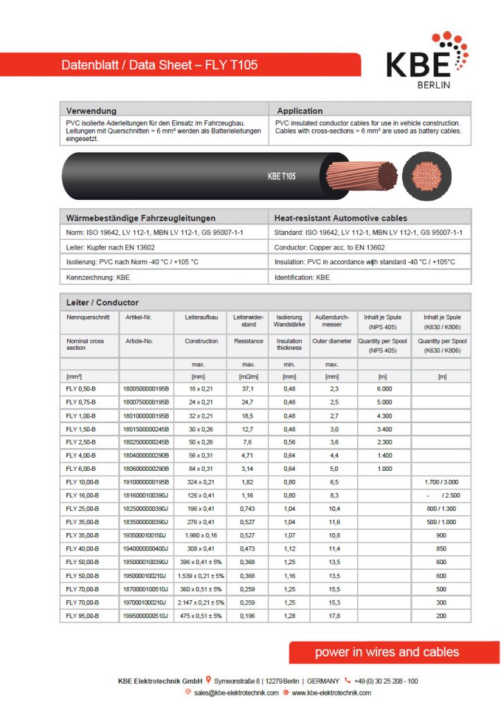 FLY T105 - thick-walled PVC automotive cables | KBE Elektrotechnik