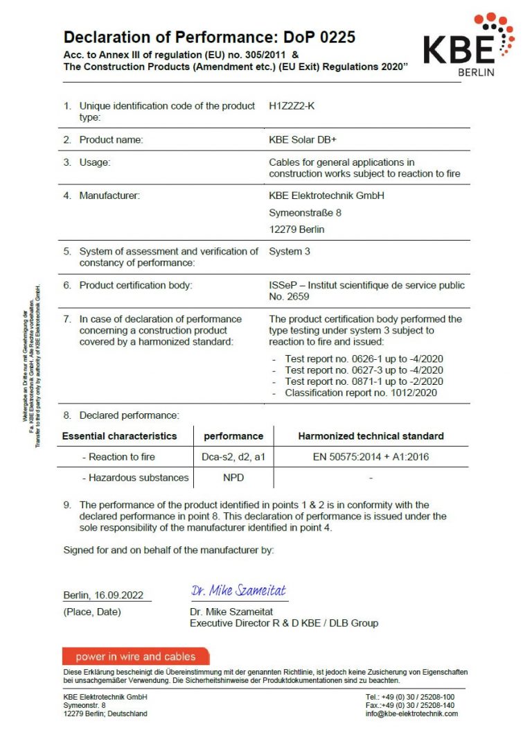 KBE Solar DB + EN 50618 H1Z2Z2-K solar cable