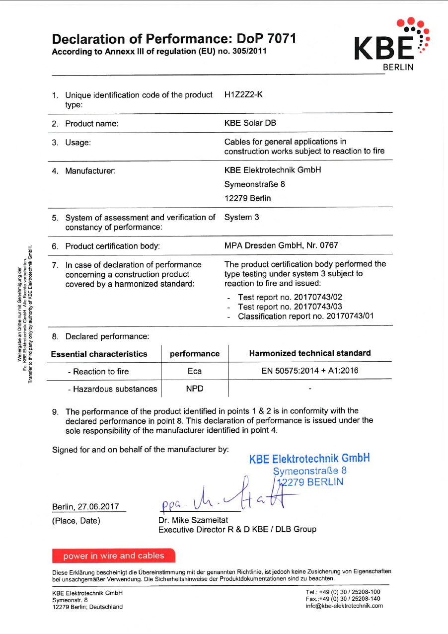 KBE Solar DB H1Z2Z2-K VDE TÜV 62930 IEC 131