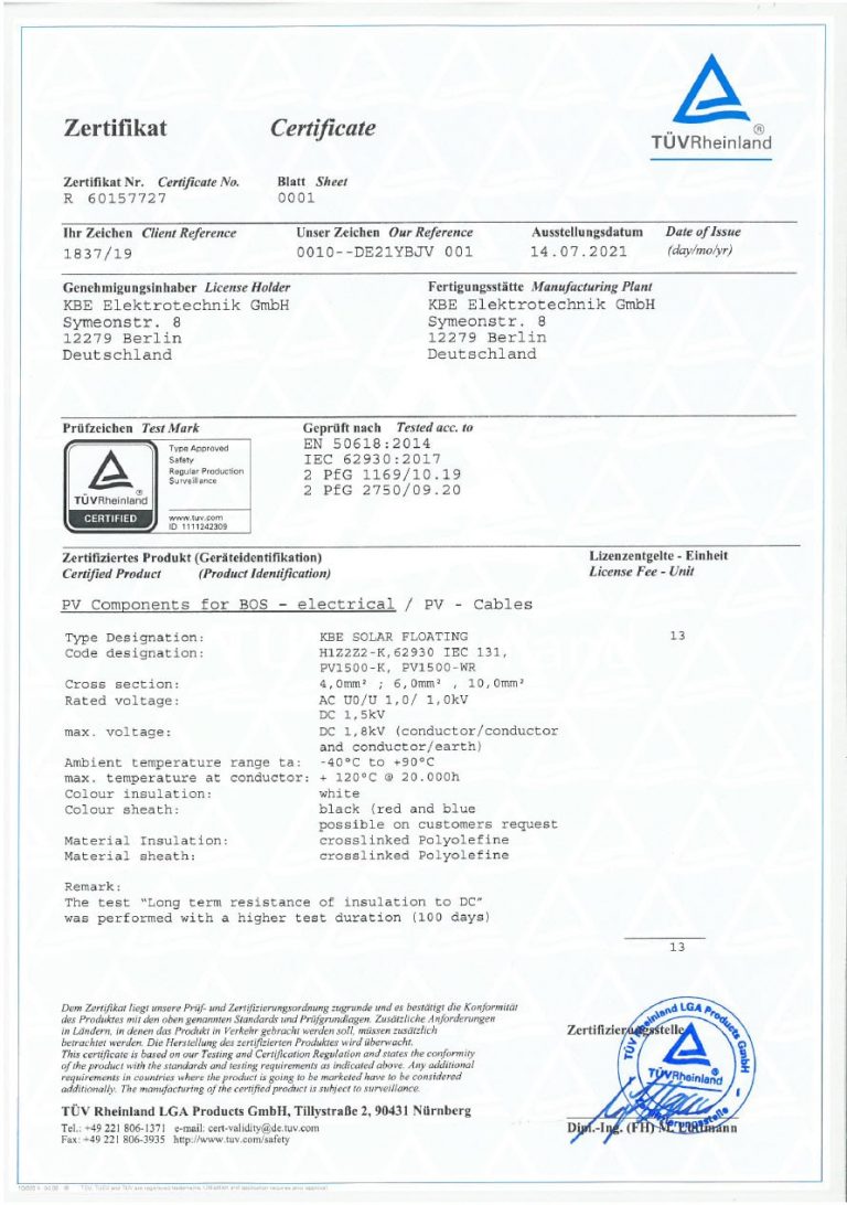 KBE Solar Floating cable for waters & reservoirs | KBE Berlin