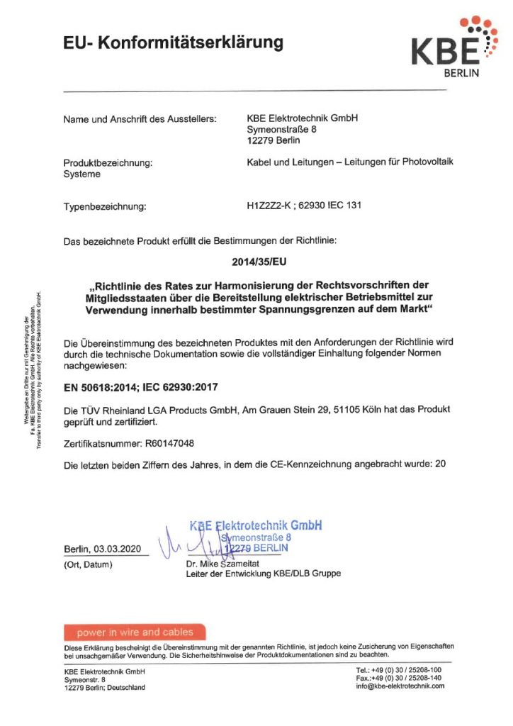 KBE Solar DB+ EN 50618 H1Z2Z2-K Solarkabel