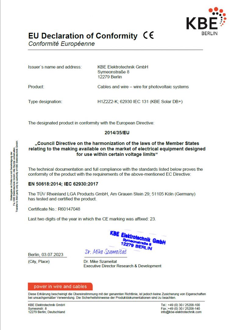 KBE Solar DB + EN 50618 H1Z2Z2-K solar cable